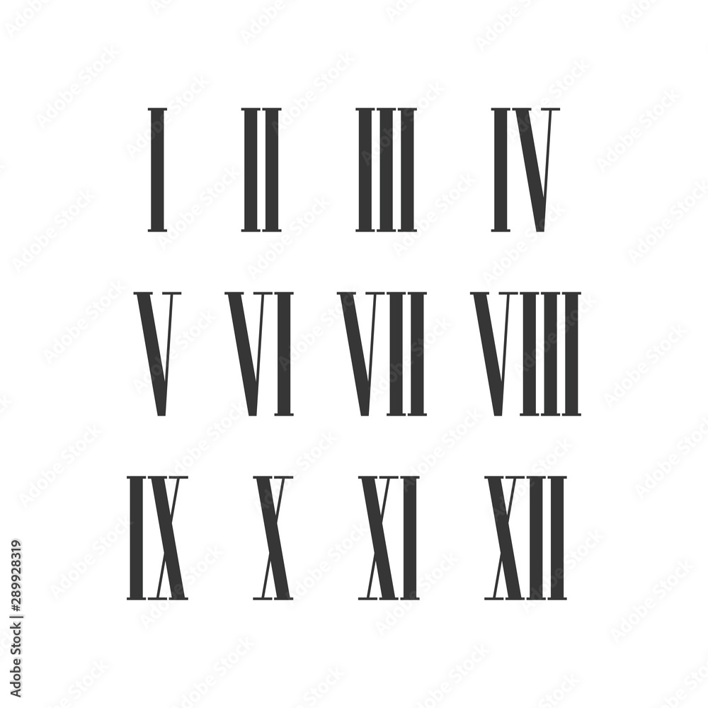 Twelve narrow roman numeral vector set for roman clock. Isolated ...