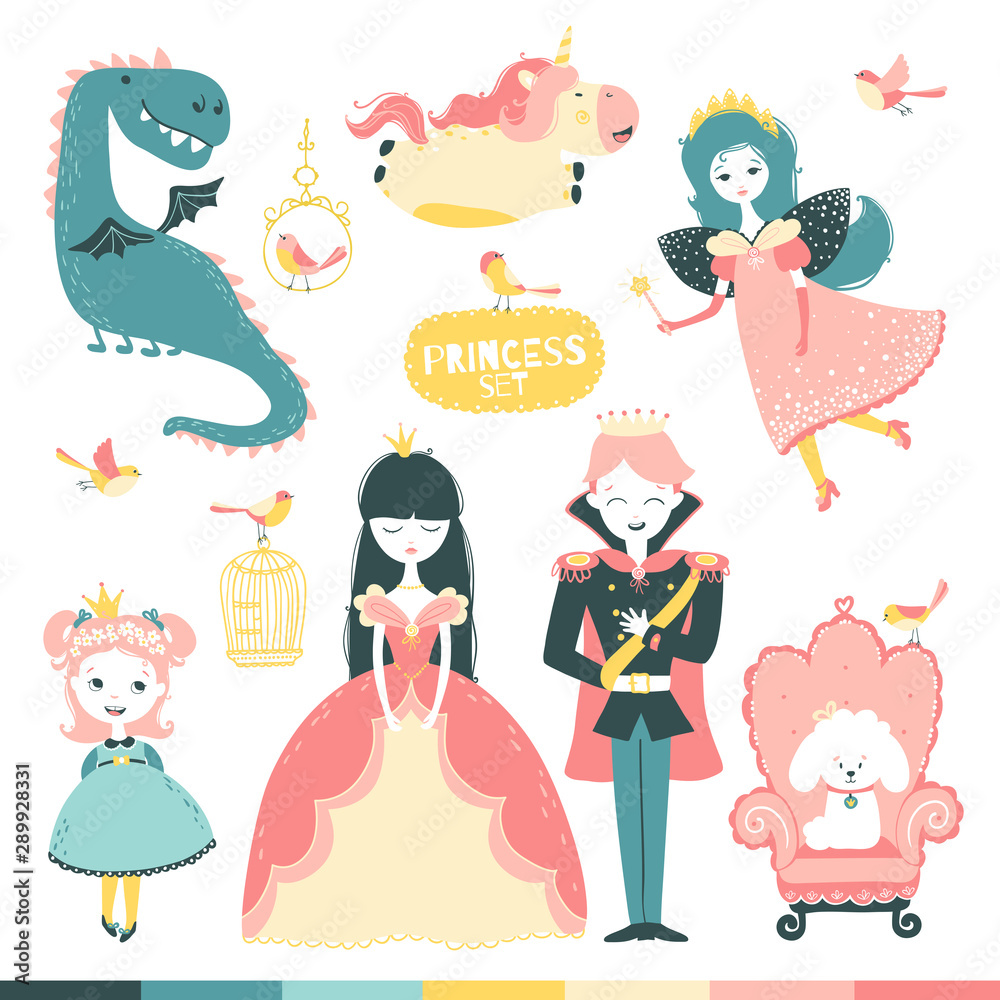 Fairy-tale heroes set. A magical story with a princess, a prince, a ...