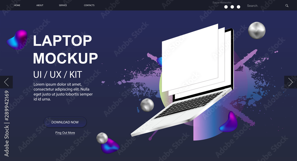 Laptop rotated position Mockup and website design. Realistic Notebook ...