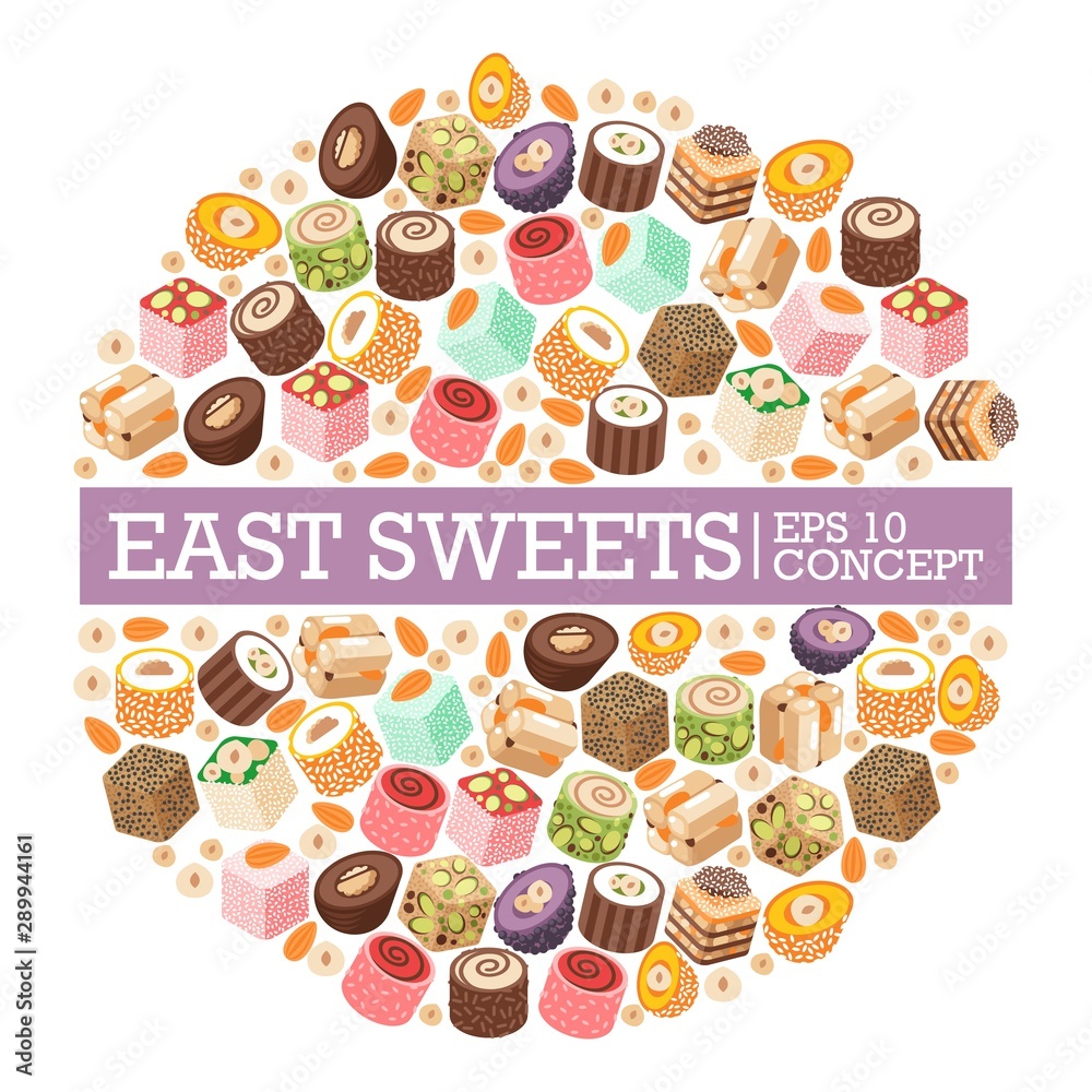 Turkish delight eastern sweets, vector illustration in round frame ...