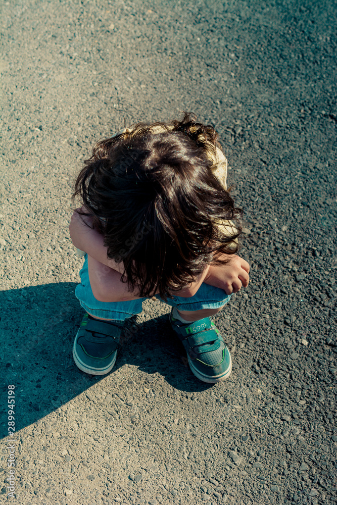 Sad child portrait with sad emotions outdoors Stock Illustration ...