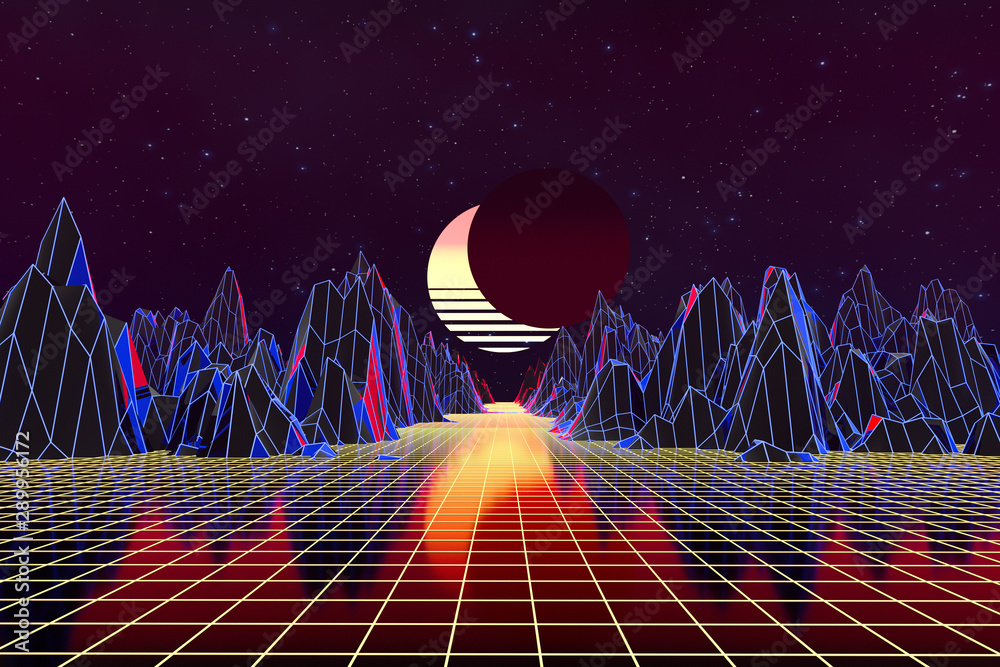 3d background Illustration Inspired by 80's Scene synthwave and ...