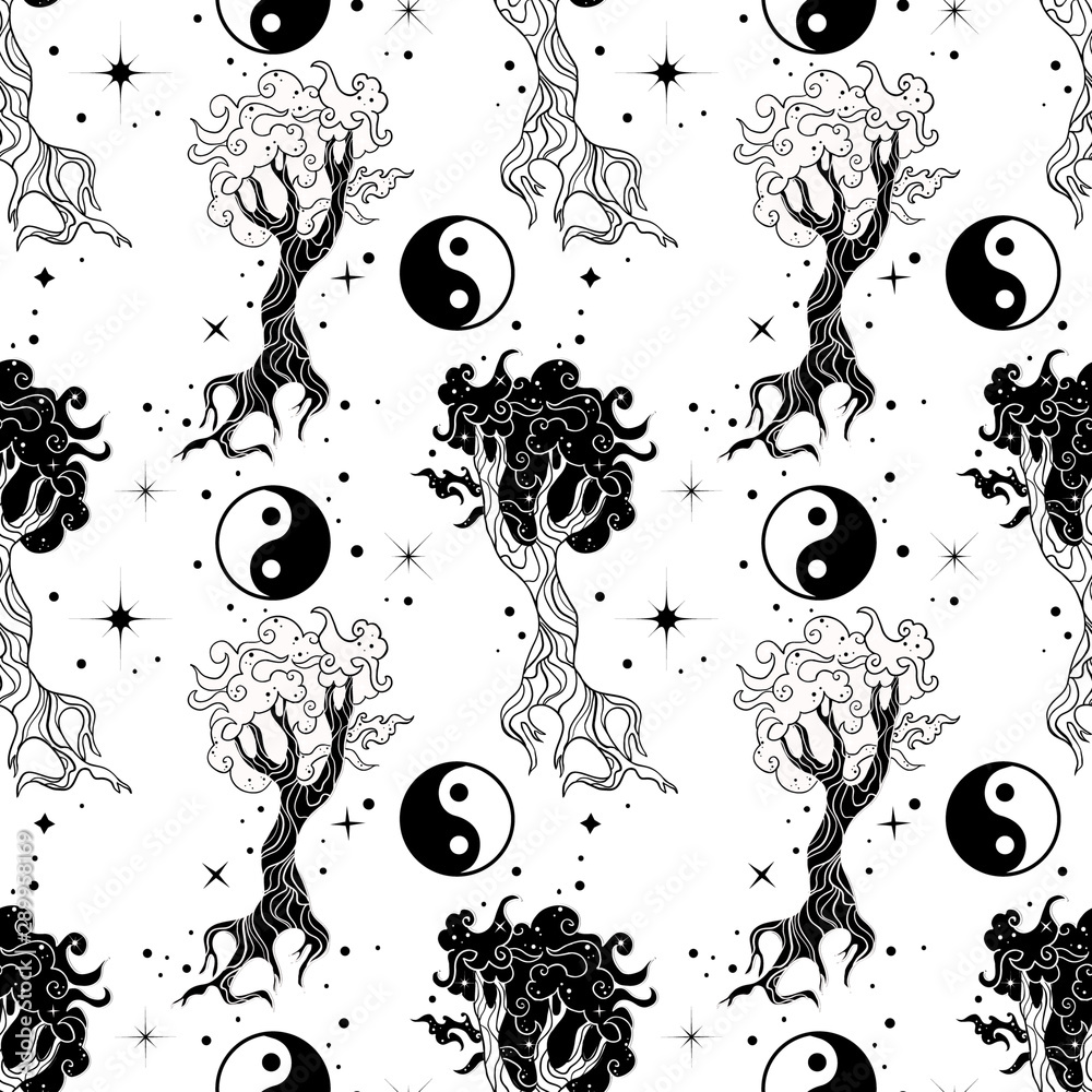 Oriental seamless pattern in asian style with trees and yin yan symbol ...