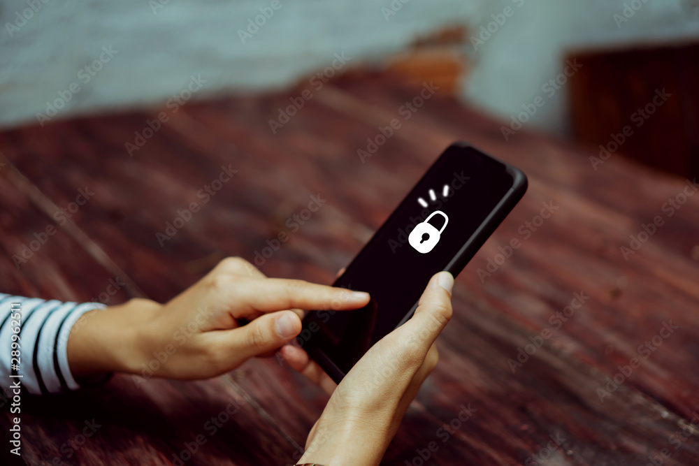 Lock sign security system icon screen on smartphone show feel safe in ...