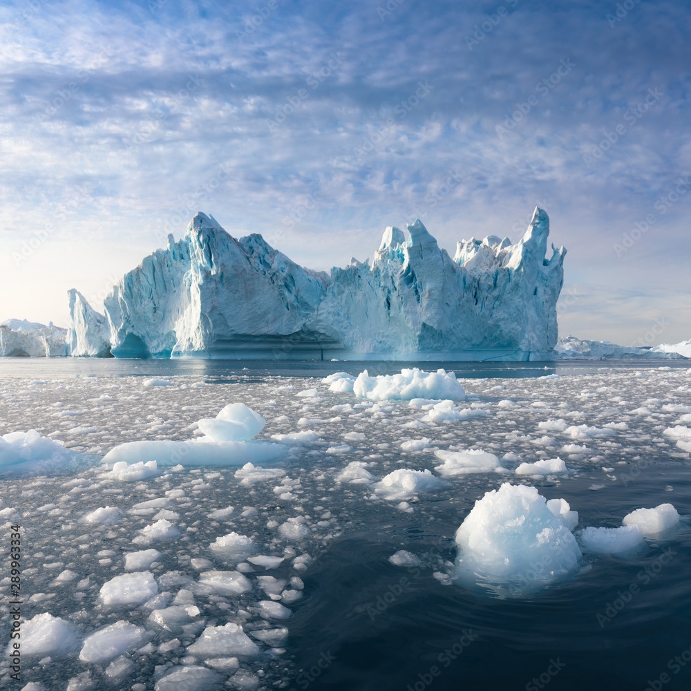 Iceberg at sunset. Nature and landscapes of Greenland. Disko bay. West ...