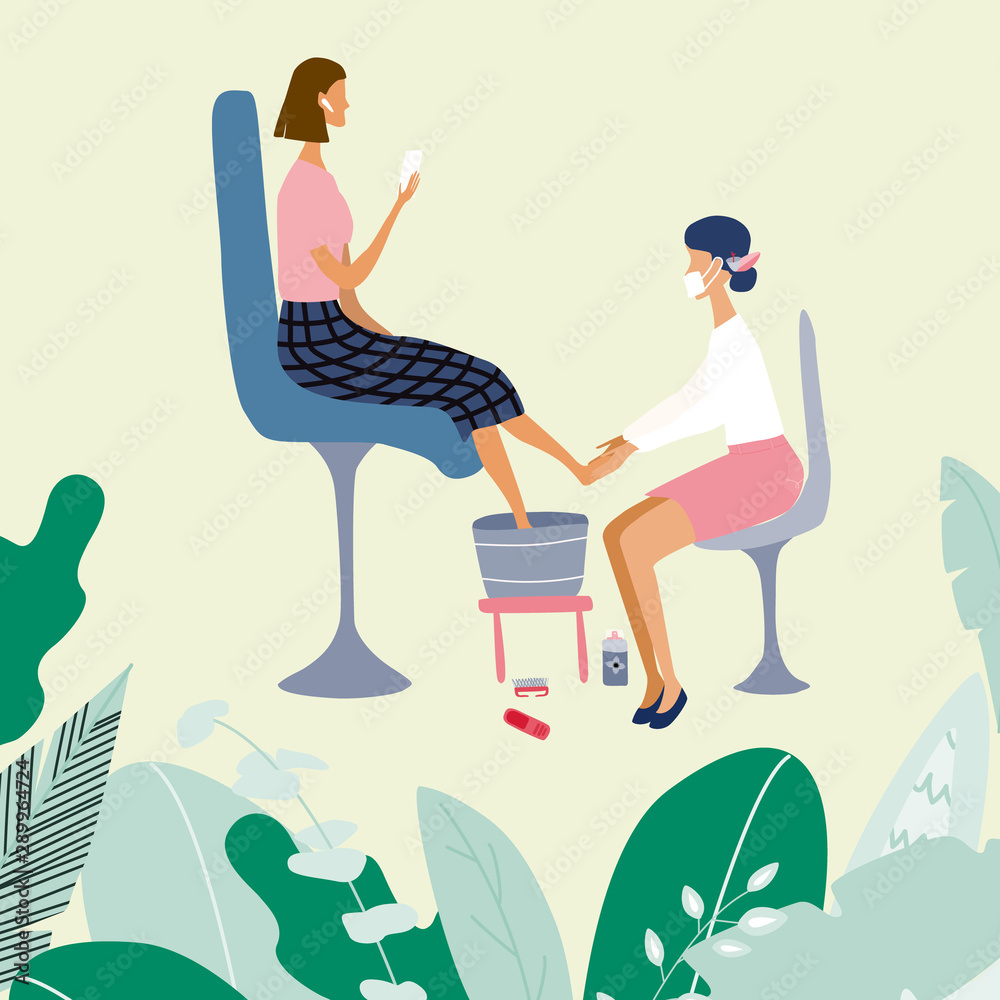 Woman or girl performing pedicure and her client surrounded by tools ...