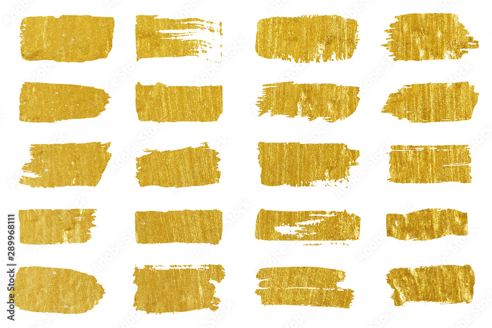 Collection of golden paint strokes. Grunge abstract hand painted ...