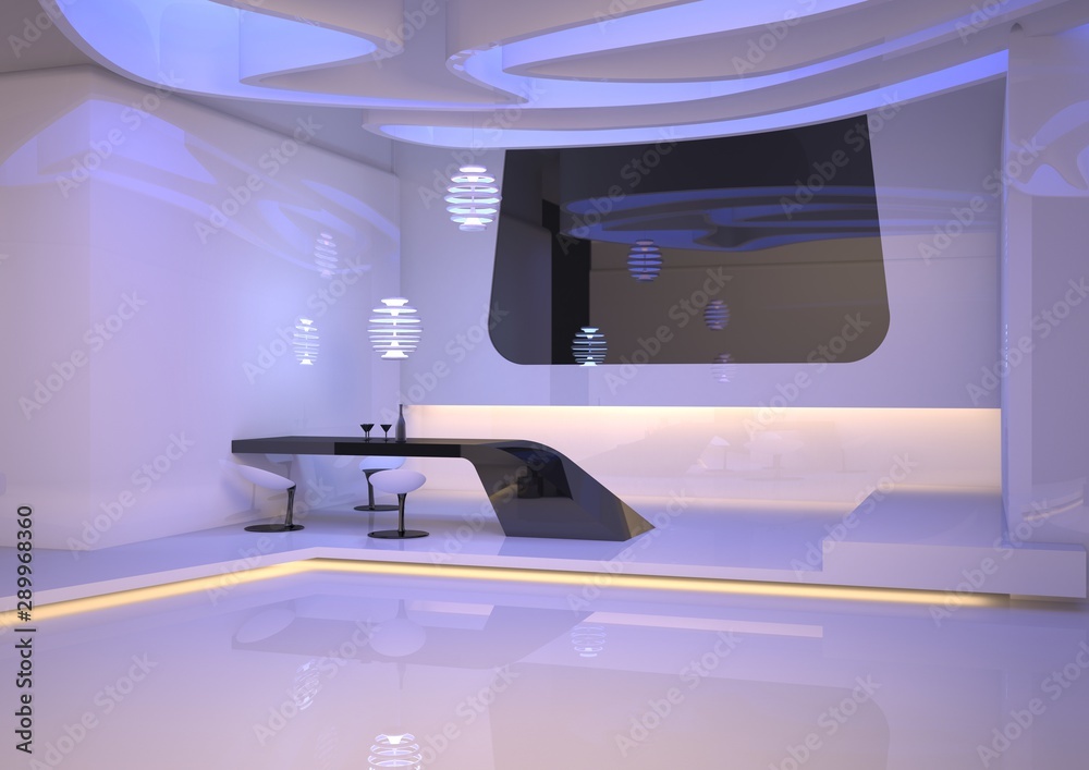 Futuristic interior design. Space white dining room with black bar ...