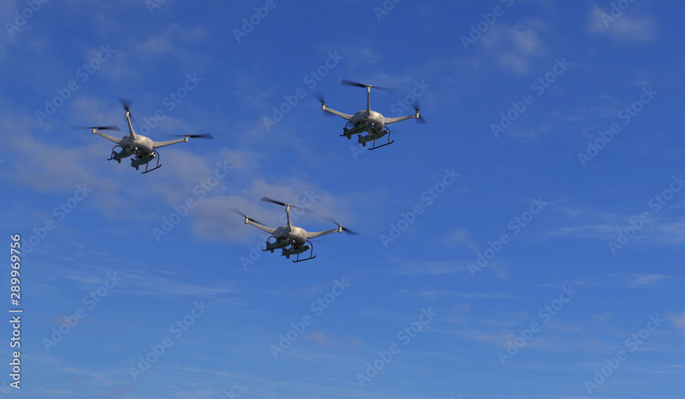 3D illustration of a weaponized UAV drone in flight. Fictitious UAV and ...