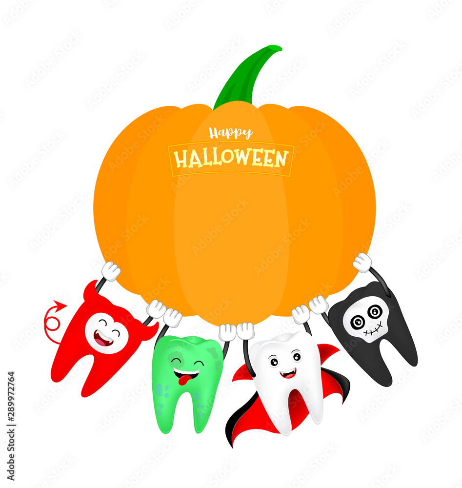 Halloween cartoon tooth set with pumpkin. Cute teeth in holiday ...