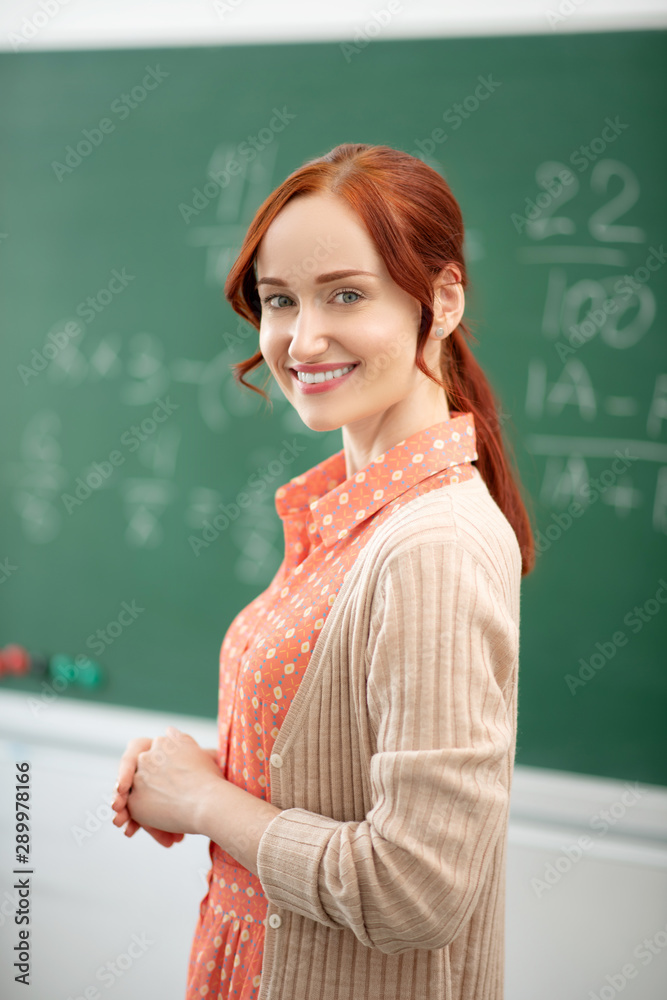 Red Haired Math Teacher Standing Near Blackboard In Classroom Stock