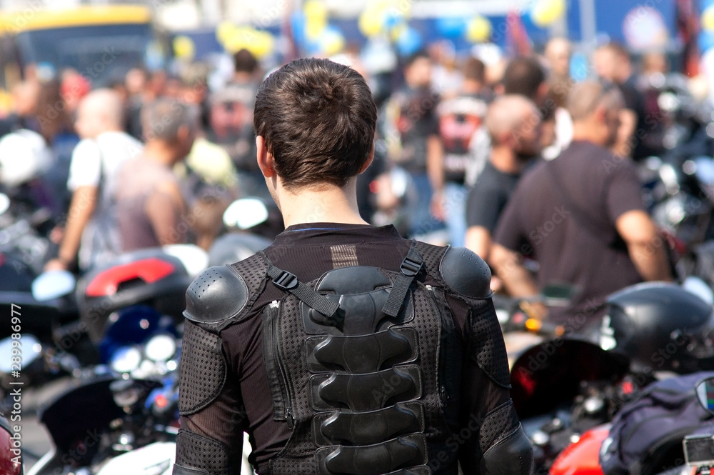 man in biker clothes on a biker party, parade of motorcyles Stock Photo ...