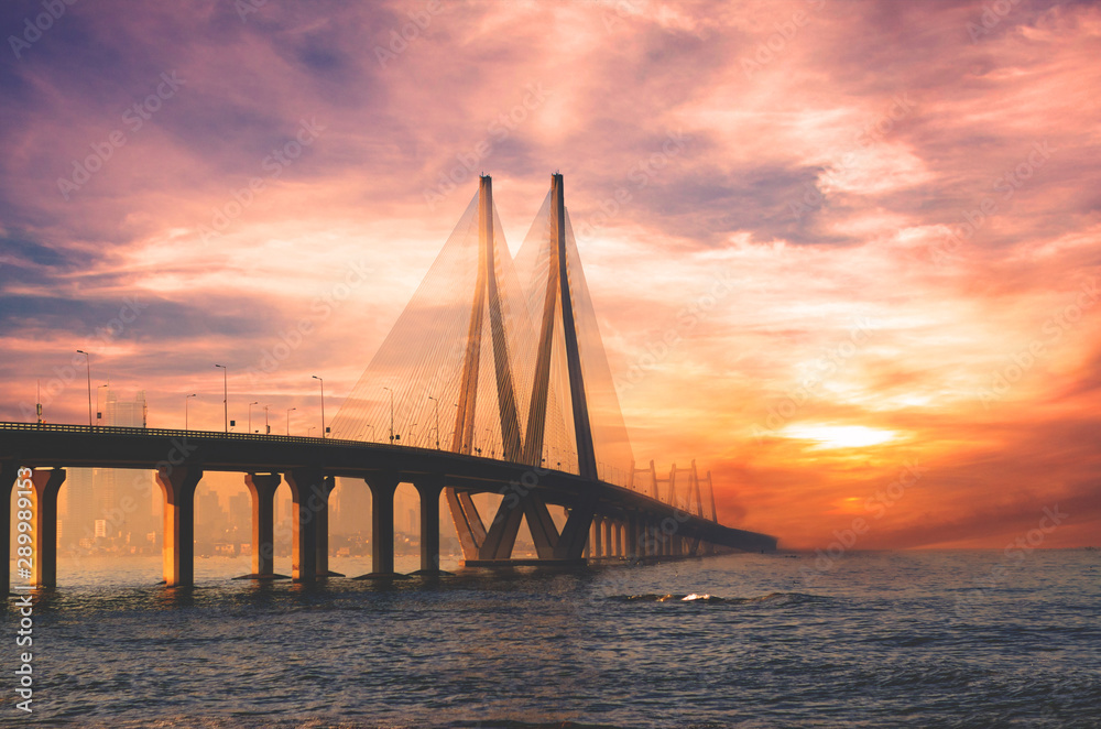 Bandra Worli sea link bridge of Mumbai and golden dramatic sky and ...
