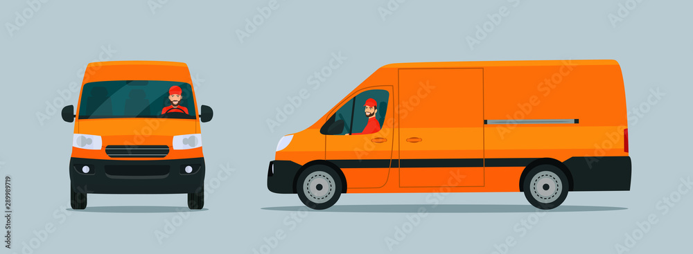 Cargo van car two angle set. Car with driver man side view and front ...