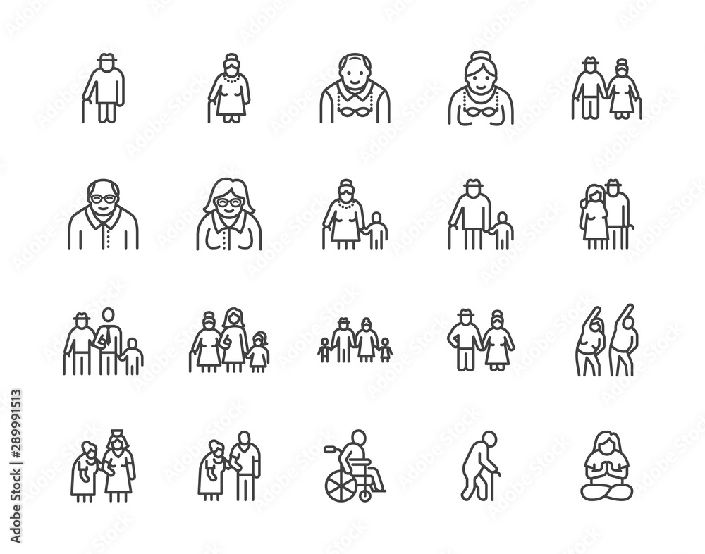 Elder people care flat line icons set. Senior couple, nursing home ...