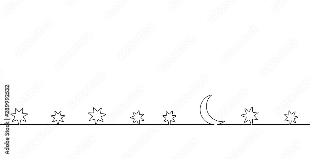 Single continuous one line art moon night. Sleep wall stars sky concept ...