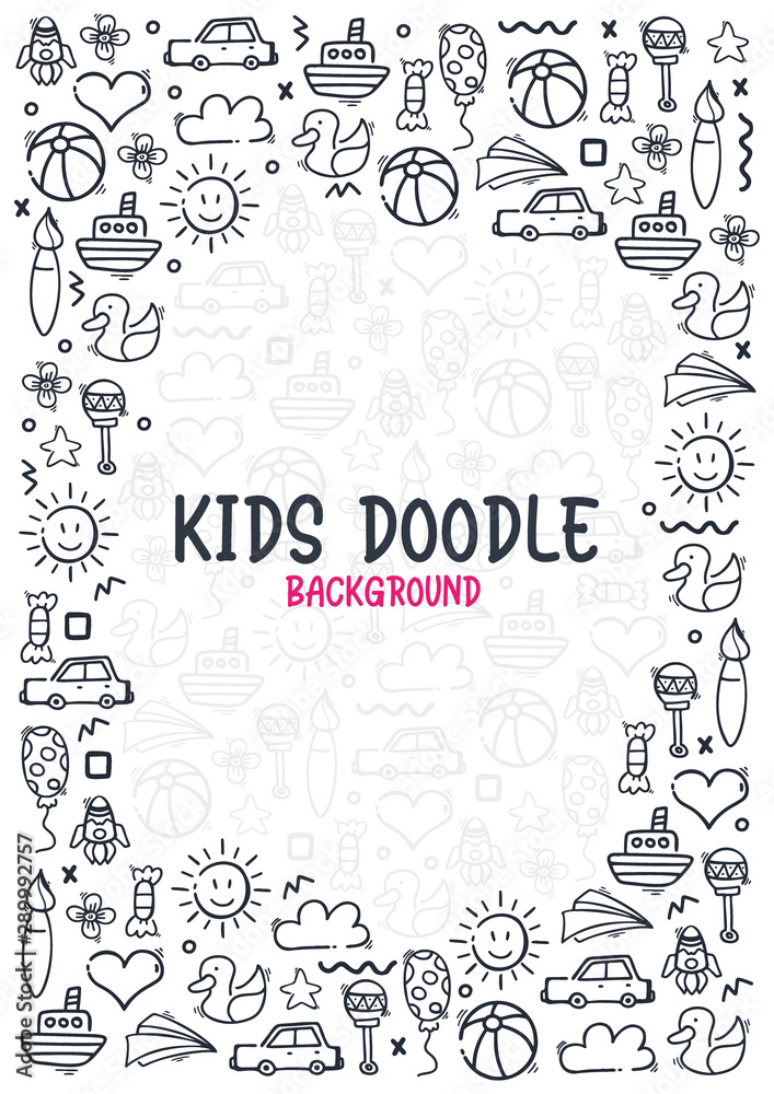 Hand draw Kids doodle background. Objects from a child's life. Stock ...