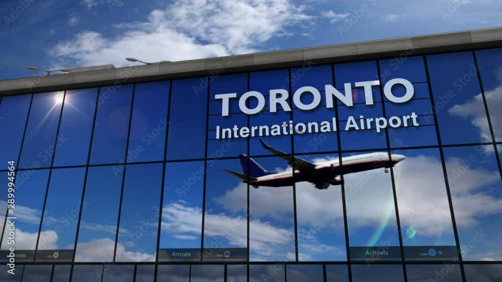 Jet aircraft landing at Toronto, Canada 3D rendering animation. Arrival ...