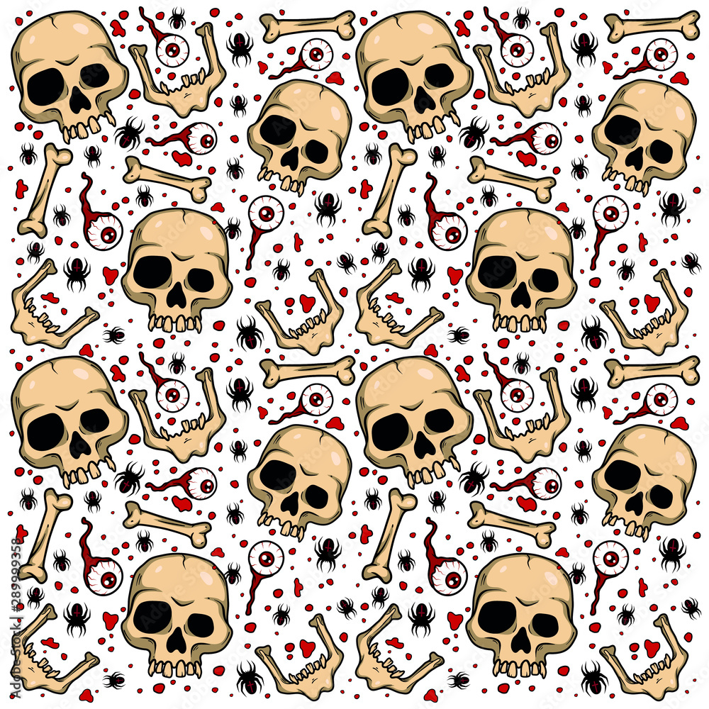 Vector horror pattern with bones, skulls, spiders and bloody eyeballs ...