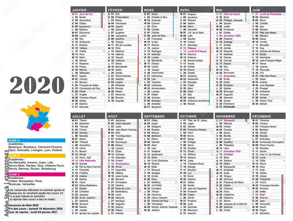 Calendrier 2020 gris et couleurs. Jours fériés, numéros de semaines ...