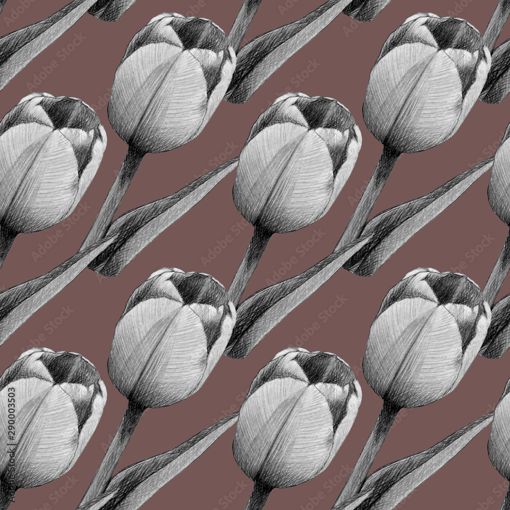 seamless pattern from pencil drawn tulips on taupe background for ...
