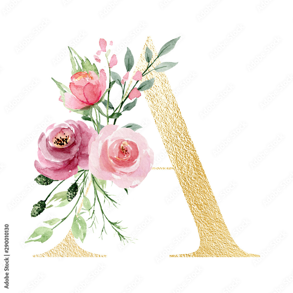 Gold alphabet, letter A with watercolor flowers and leaf. Floral ...