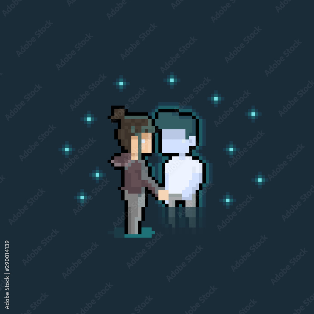 Pixel art cartoon crying girl and fading out ghost boy.8bit. Stock ...
