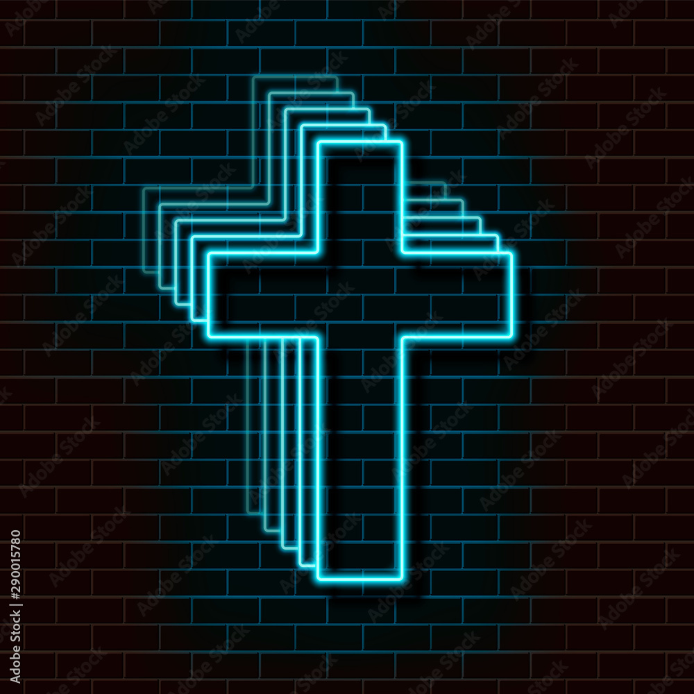 Neon blue christian cross on a brick wall. Decorative realistic retro ...