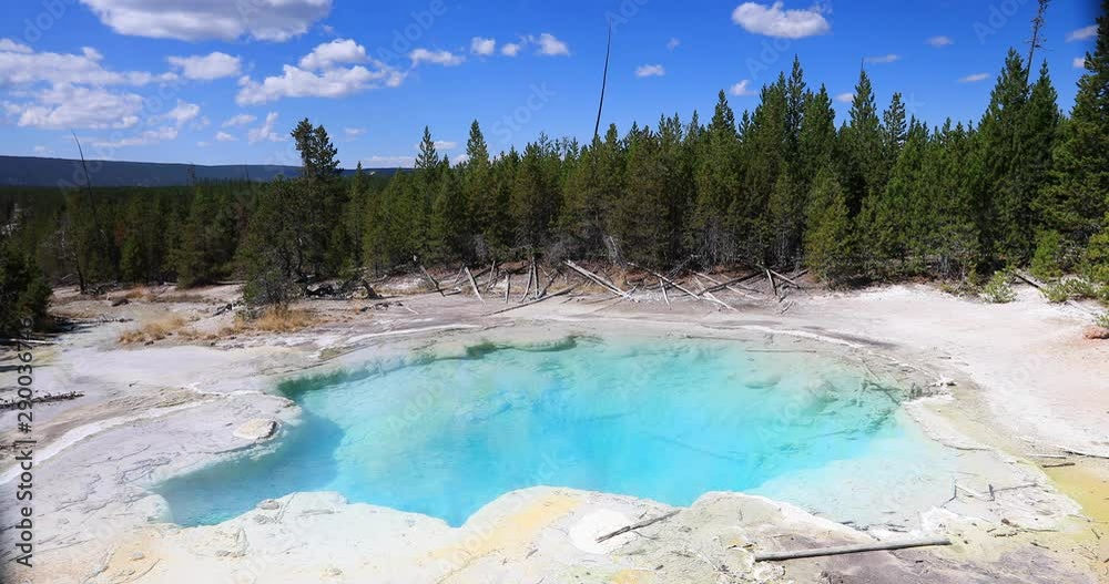 Yellowstone National Park beautiful blue geyser basin. Geothermal ...