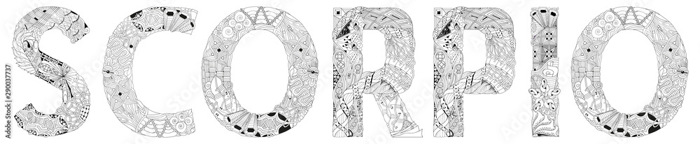 Word Scorpio. Vector zentangle object for coloring Stock Vector | Adobe ...