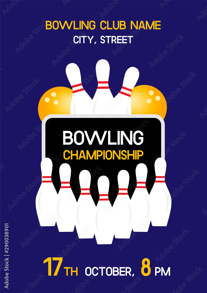 Bowling tournament invitation flyer template with raw of white pins and ...