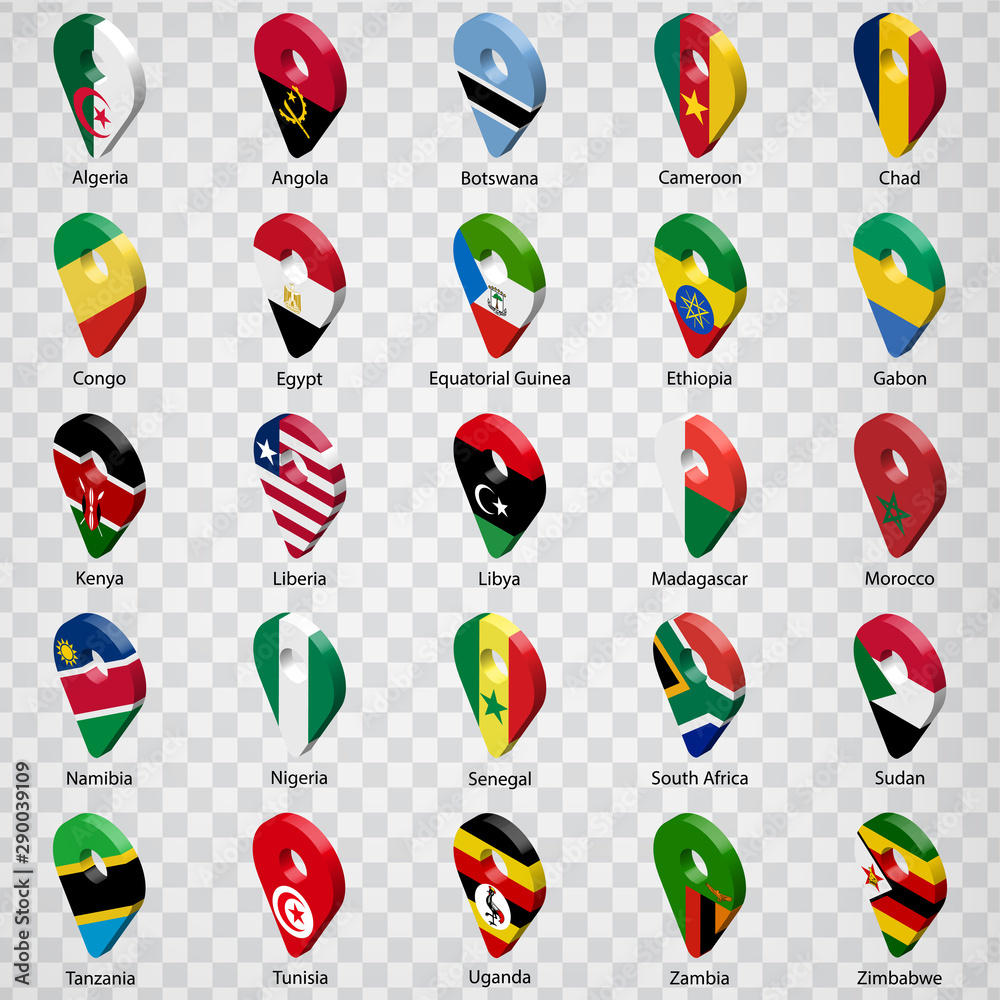 Vecteur Stock 3d Geolocation Signs Of Twenty Five African Countries With Inscriptions Set Of