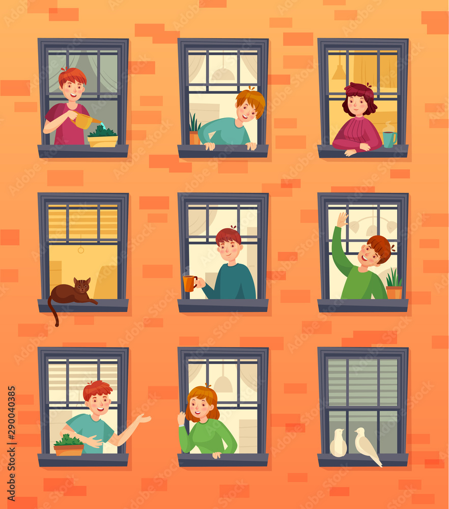 People in windows frames. Communicating neighbors, looking out window ...
