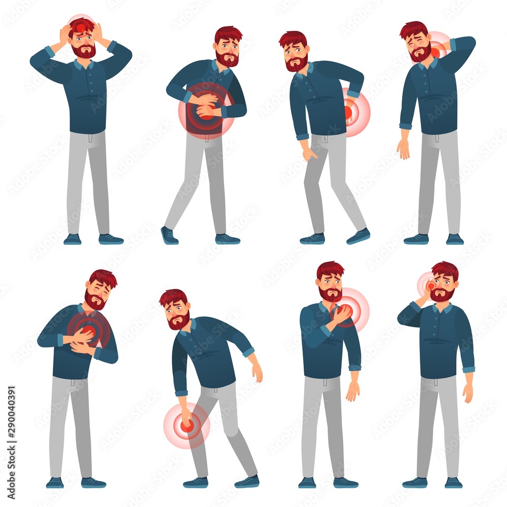 Man in pain. Sickness men pain areas, migraine headache and stomach ...