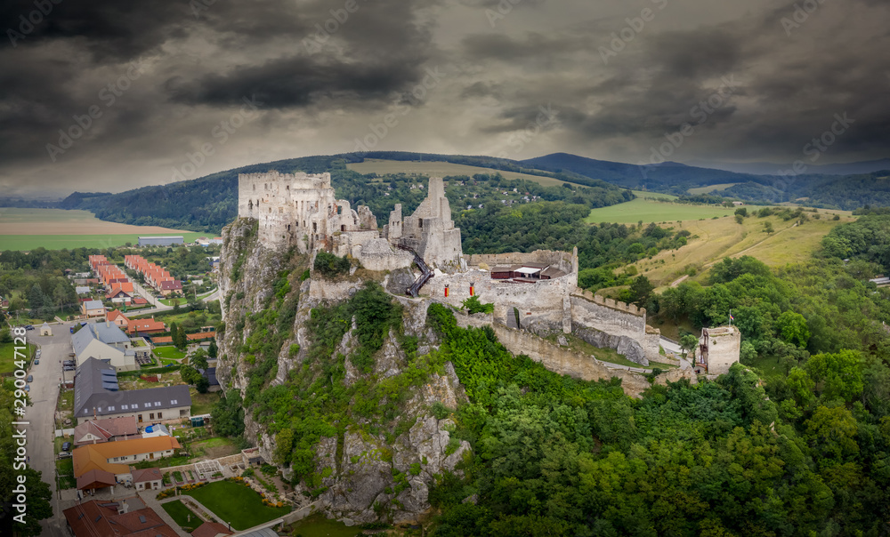 Aerial view of medieval Beckov castle with inner and outer courtyard ...