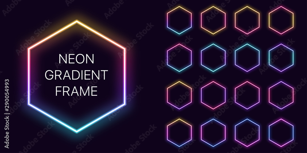 Neon gradient hexagon Frame with copy space. Templates set of Neon ...