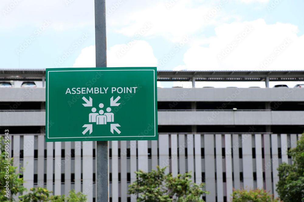 A sign indicating the assembly point in the event of a fire. Stock ...
