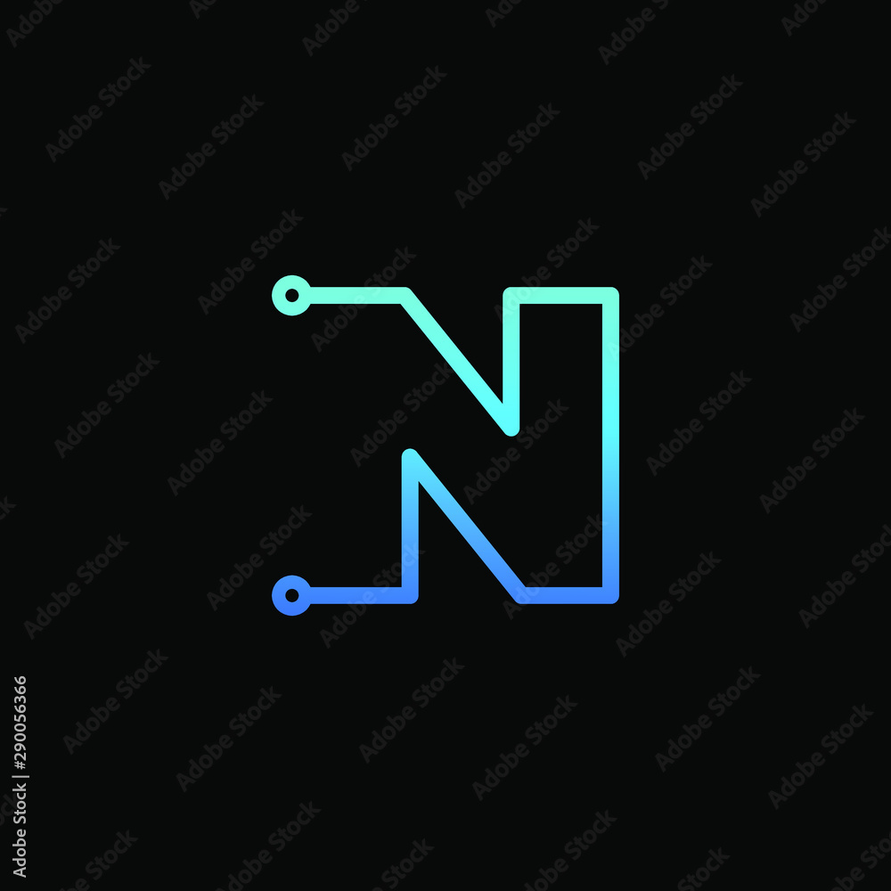 Letter N logotype monoline Technology, digital, electronics, chip, connection concept. Modern ...