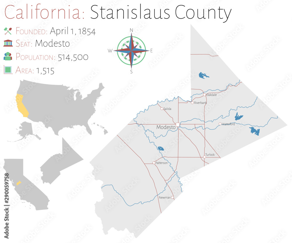 Large and detailed map of Stanislaus county in California, USA Stock ...
