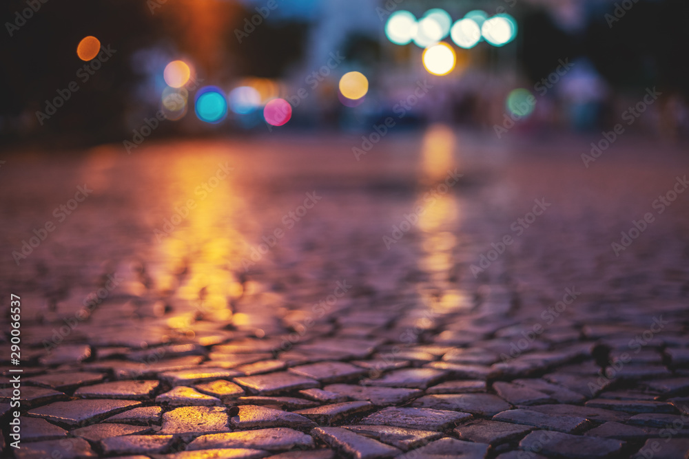 Paving Stones With Reflection And Lens Flare Night Lights Night City