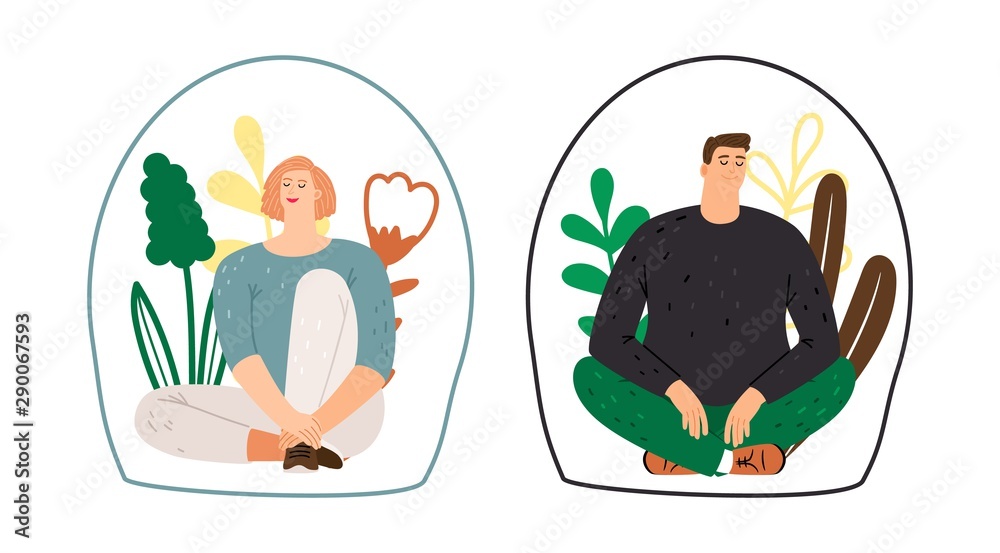 Personal space concept. Man woman introverts. Meditation, calm flat ...