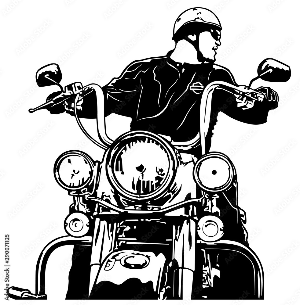 Motorcyclist Front View - Black and White Outline Illustration with ...
