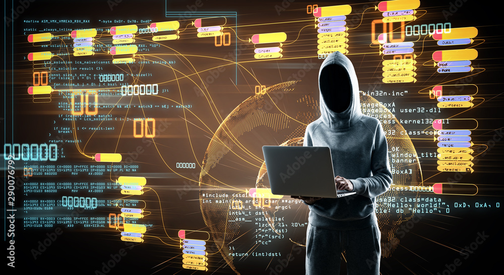 Internet security concept with no face hacker at digital map with node ...