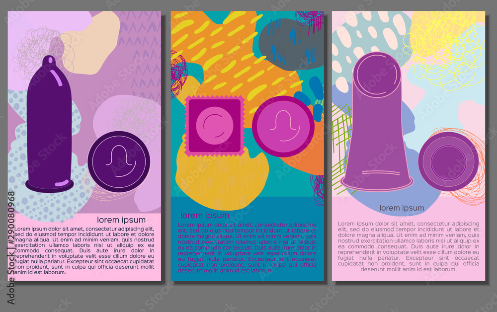 Flyer set with male and female condom icons on trendy background ...