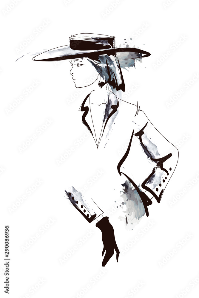 Beautiful young women. Hand drawn fashion girls of black lines on white ...