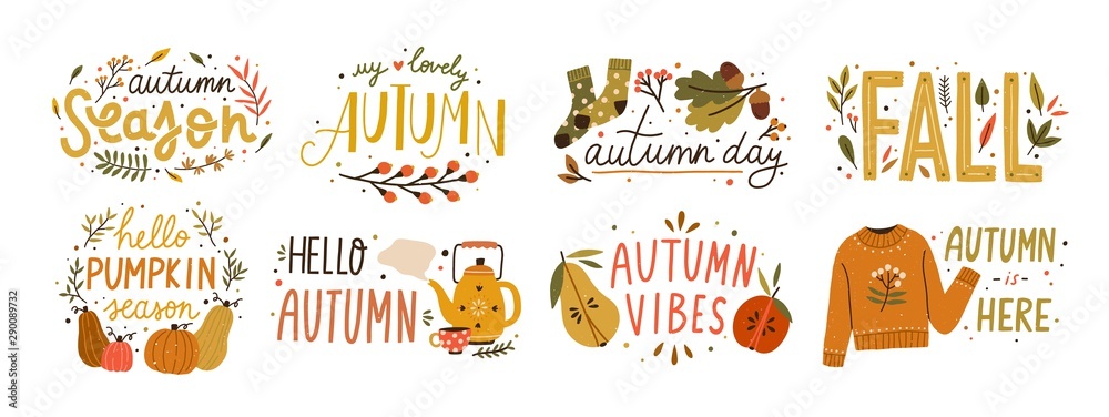 Autumn hand drawn lettering vector set. Fall season handwritten slogan ...