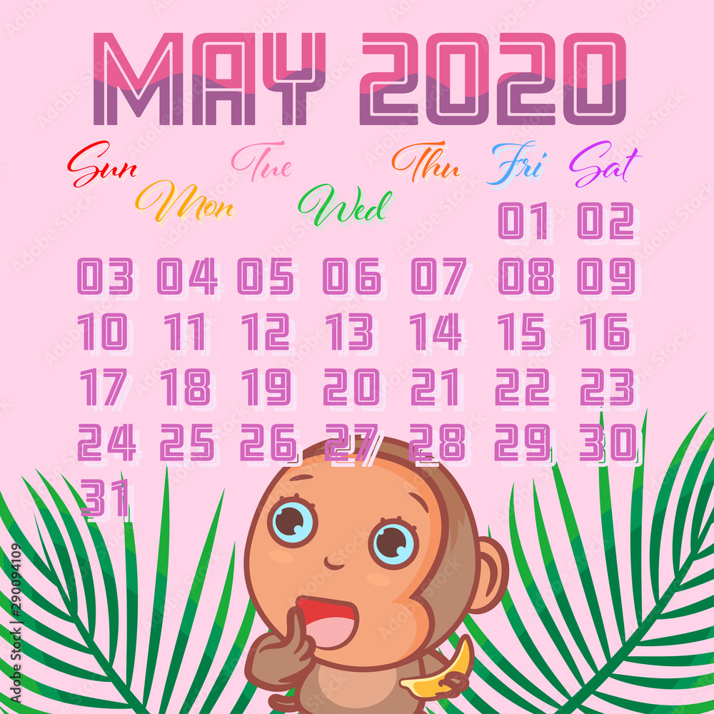 May 2020 month calendar with so cute monkey cartoon scene vector ...