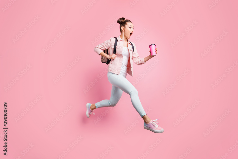 Full length body size profile side view portrait of her she nice ...