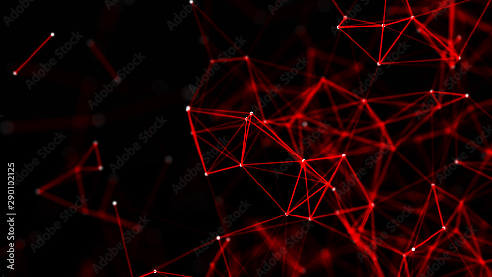 Red abstract polygonal space with connecting dots and lines. Dark background. Connection ...