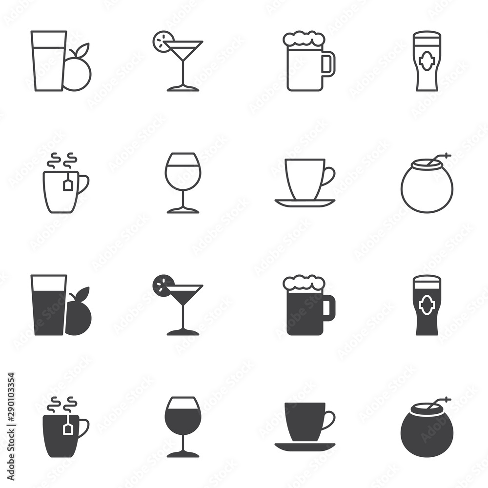 Drinks menu icon set, line and glyph version, outline and filled vector ...